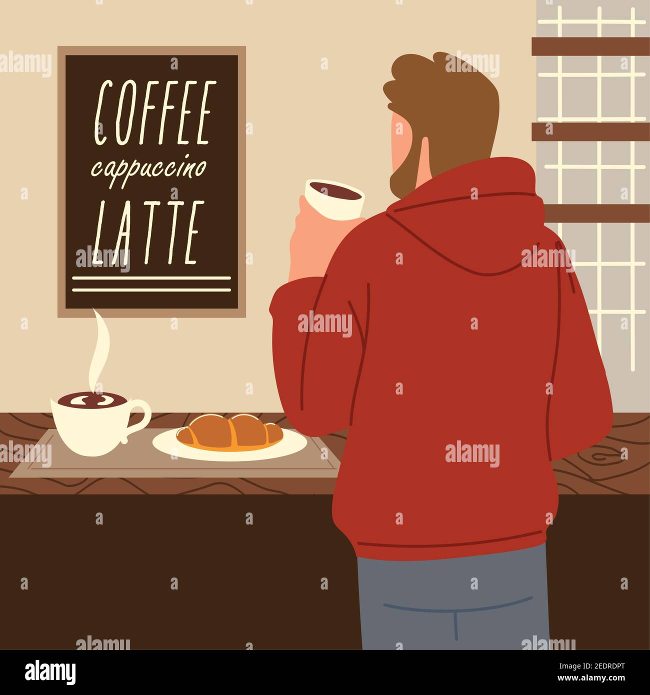 coffee cup beard man holds cup, back view vector illustration Stock ...