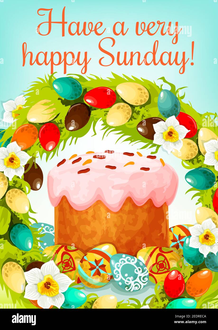 Happy Easter Sunday cartoon greeting poster. Easter cake with patterned ...