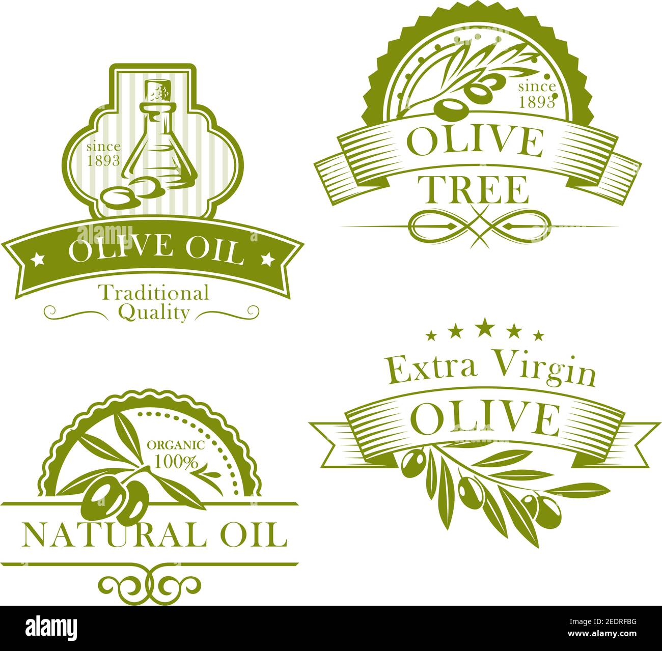 Olive oil bottle and product label templates. Vector icons of green ...