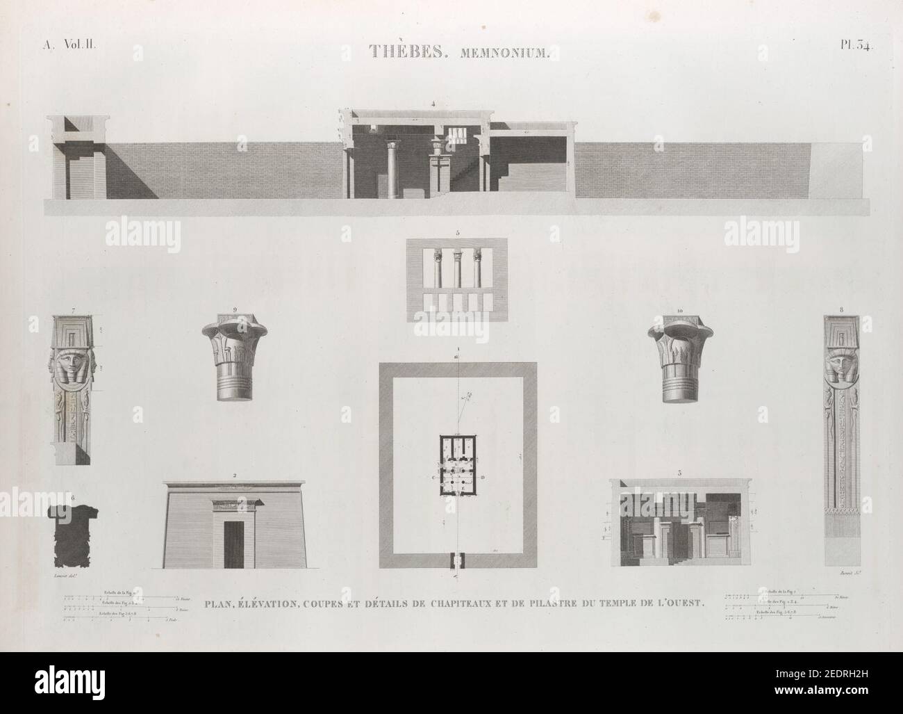 Thèbes. Memnonium (Ramesseum). Plan, élévation, coupes et détails de ...