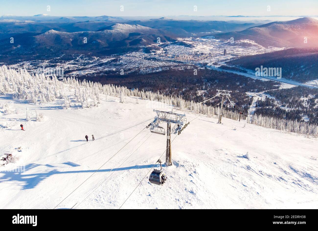 Sheregesh ski lift resort in winter, landscape on mountain and hotels ...