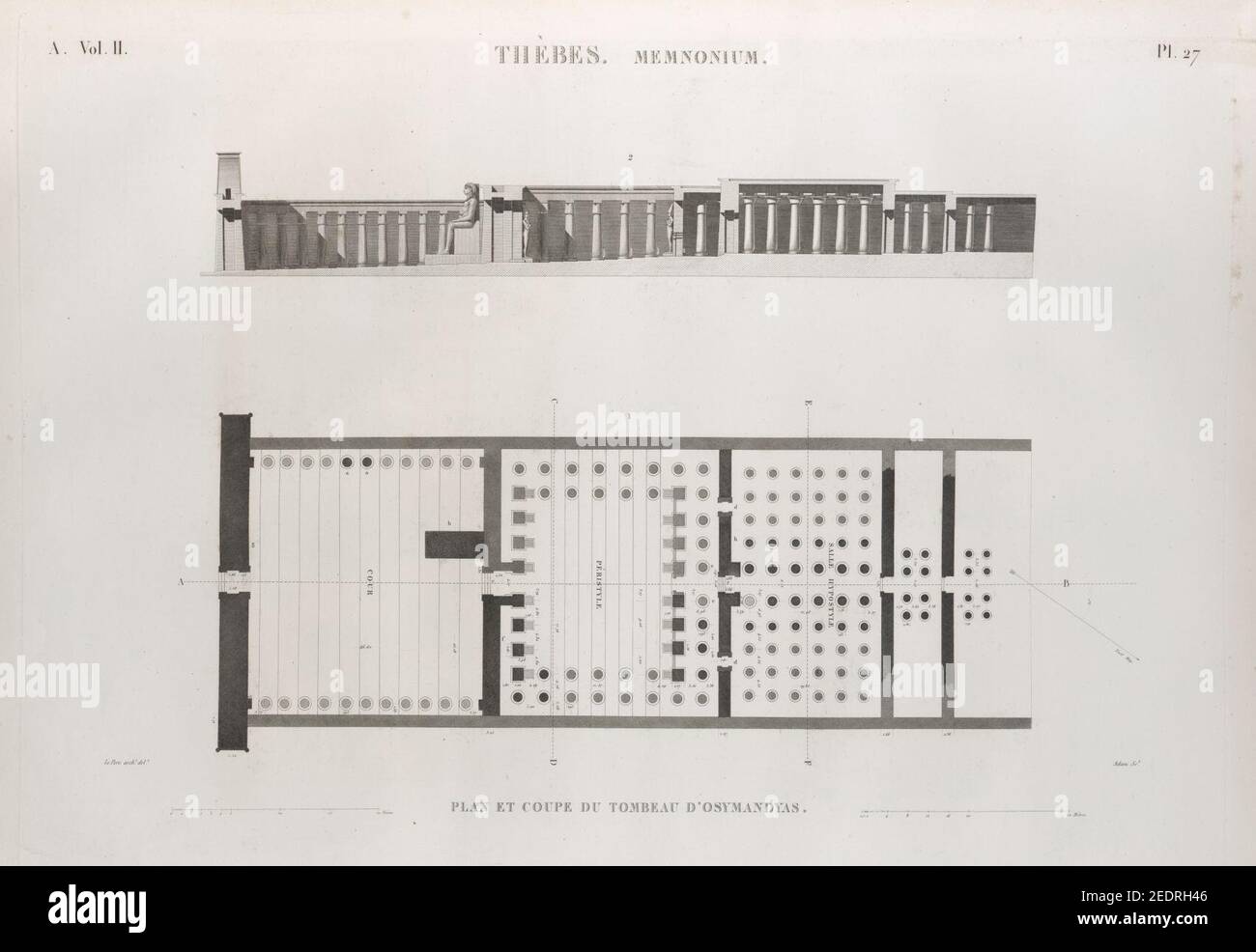 Thèbes. Memnonium (Ramesseum). Plan et coupe du tombeau d'Osymandyas ...