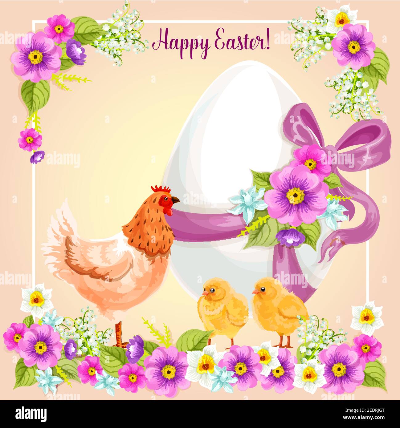Easter greeting card of paschal egg with floral bow ribbon, chicken and ...