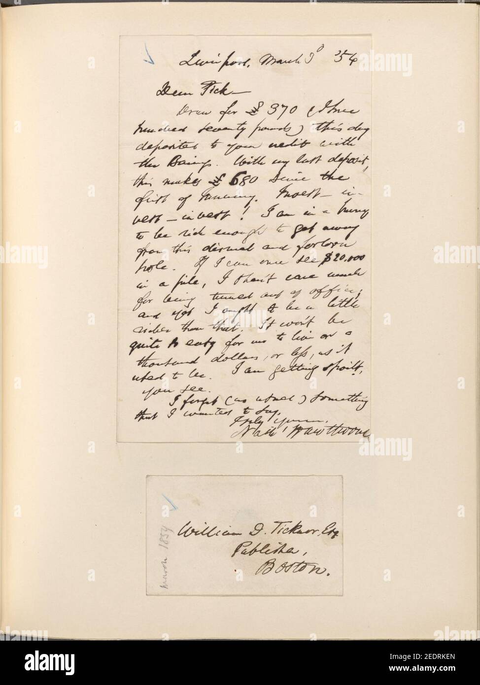Tick(nor, William D.), ALS to. Mar. 3, 1854 Stock Photo - Alamy