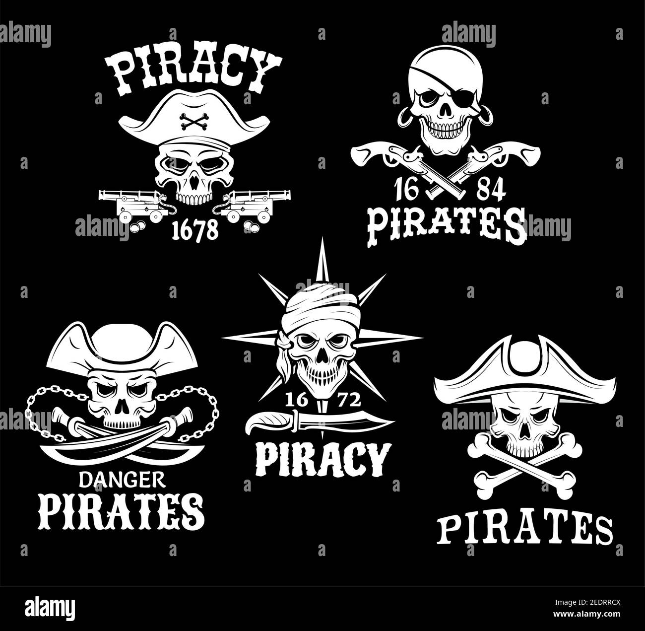 Jolly Roger pirate vector icons of captain skull in tricorne hat and ...