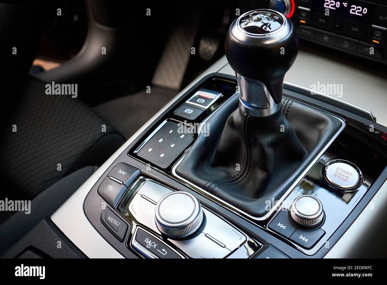 Modern luxury interior engine start stop button shift gear of manual ...