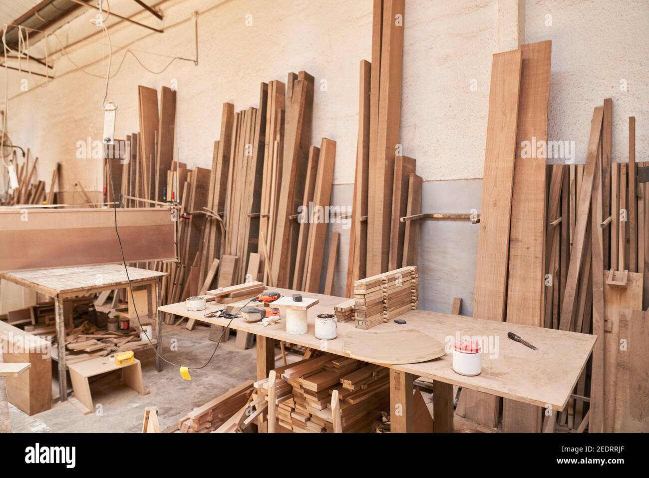 Workshop of a joinery or joinery with workbench and lots of wood Stock ...