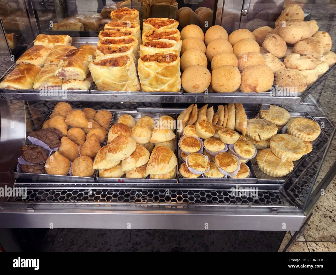Shop window display with Brazilian snacks Stock Photo - Alamy