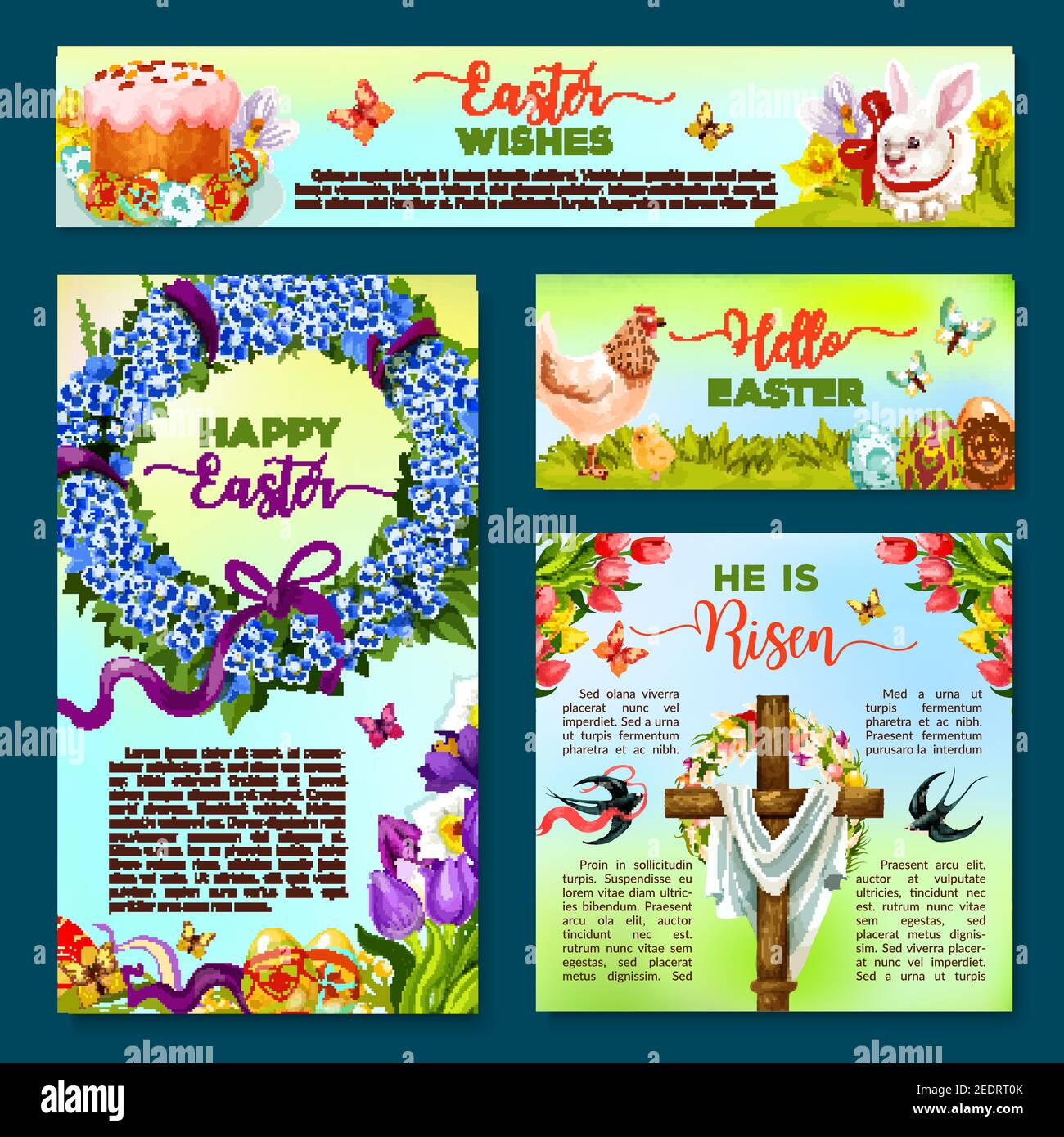 Easter holiday cartoon banner template set. Easter egg on grass with ...