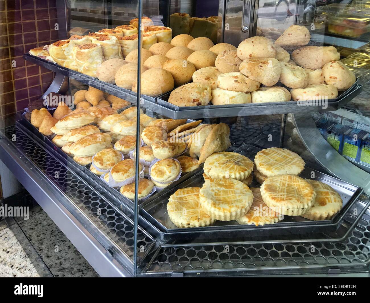 Shop window display with Brazilian snacks Stock Photo - Alamy