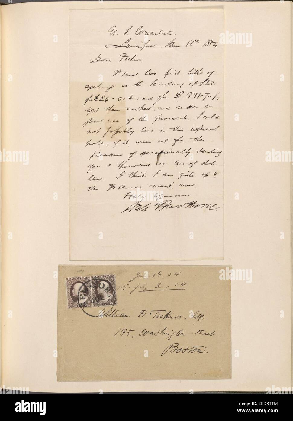 Ticknor, (William D.), ALS to. Jun. 16, 1854 Stock Photo - Alamy