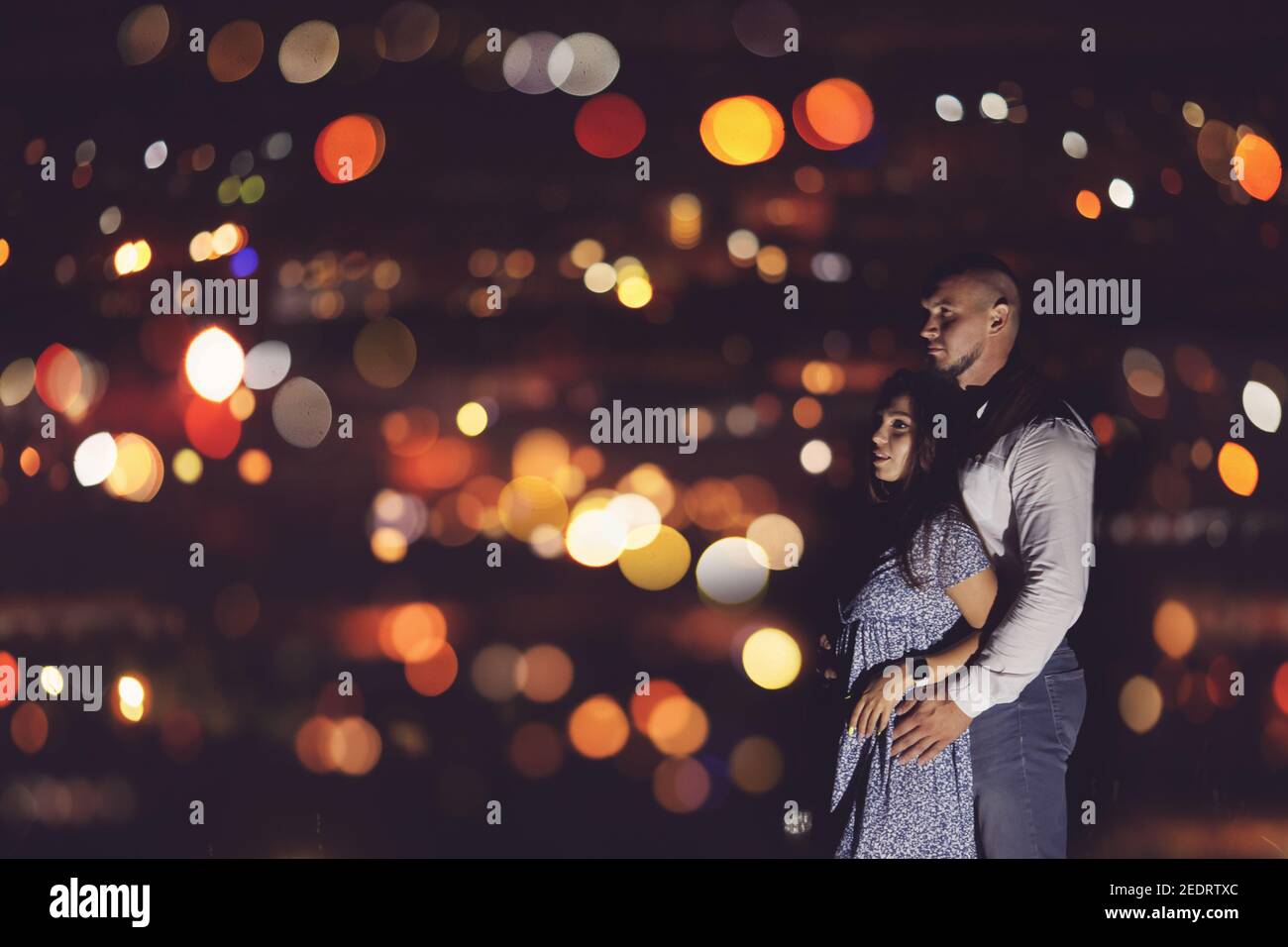 Romantic Lovers couple against background night city, sky star. Concept ...