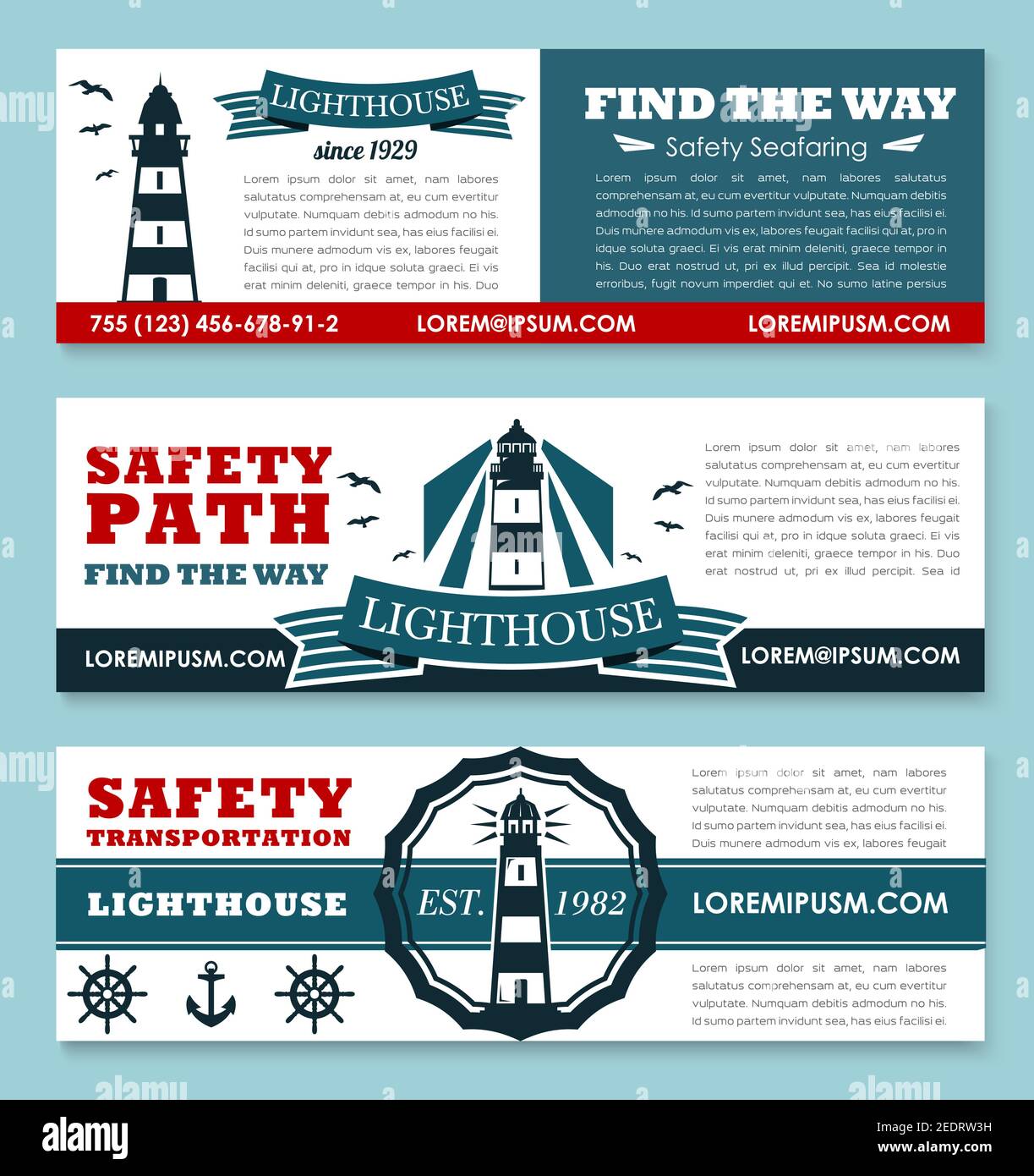 Safety seafaring banners with lighthouse or ship path beacon and marine ...