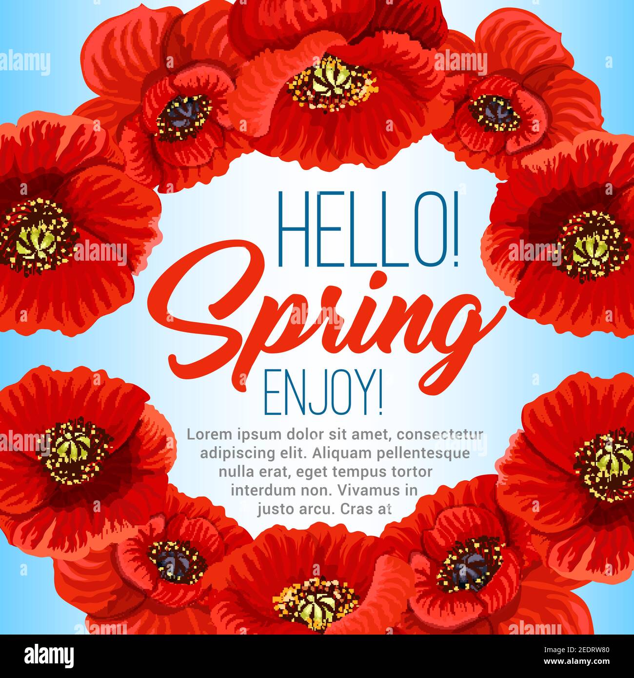 Hello Spring poster design of poppy flowers wreath or floral frame ...