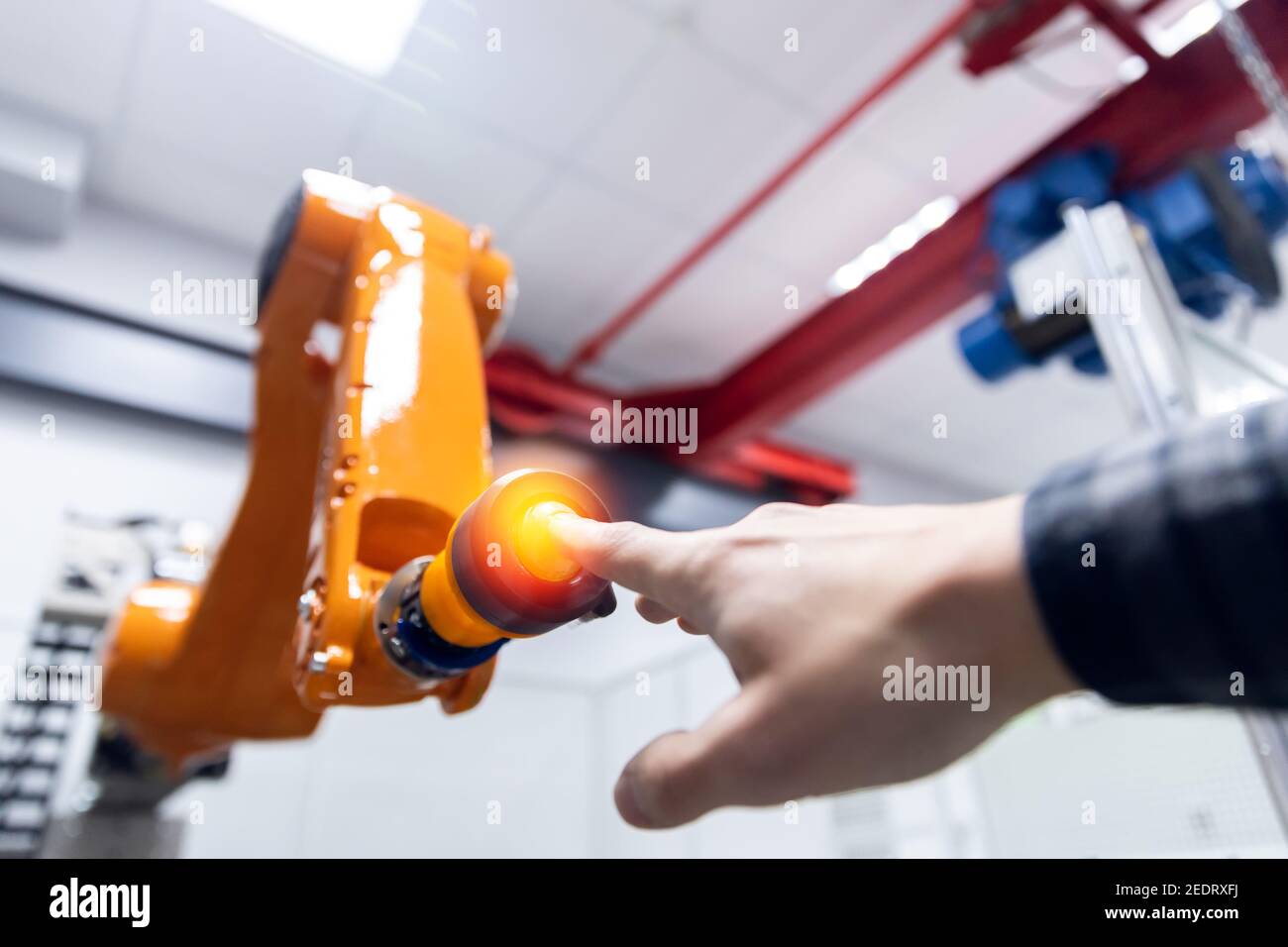 Cyber communication futuristic touches robot arm human operator hand in ...