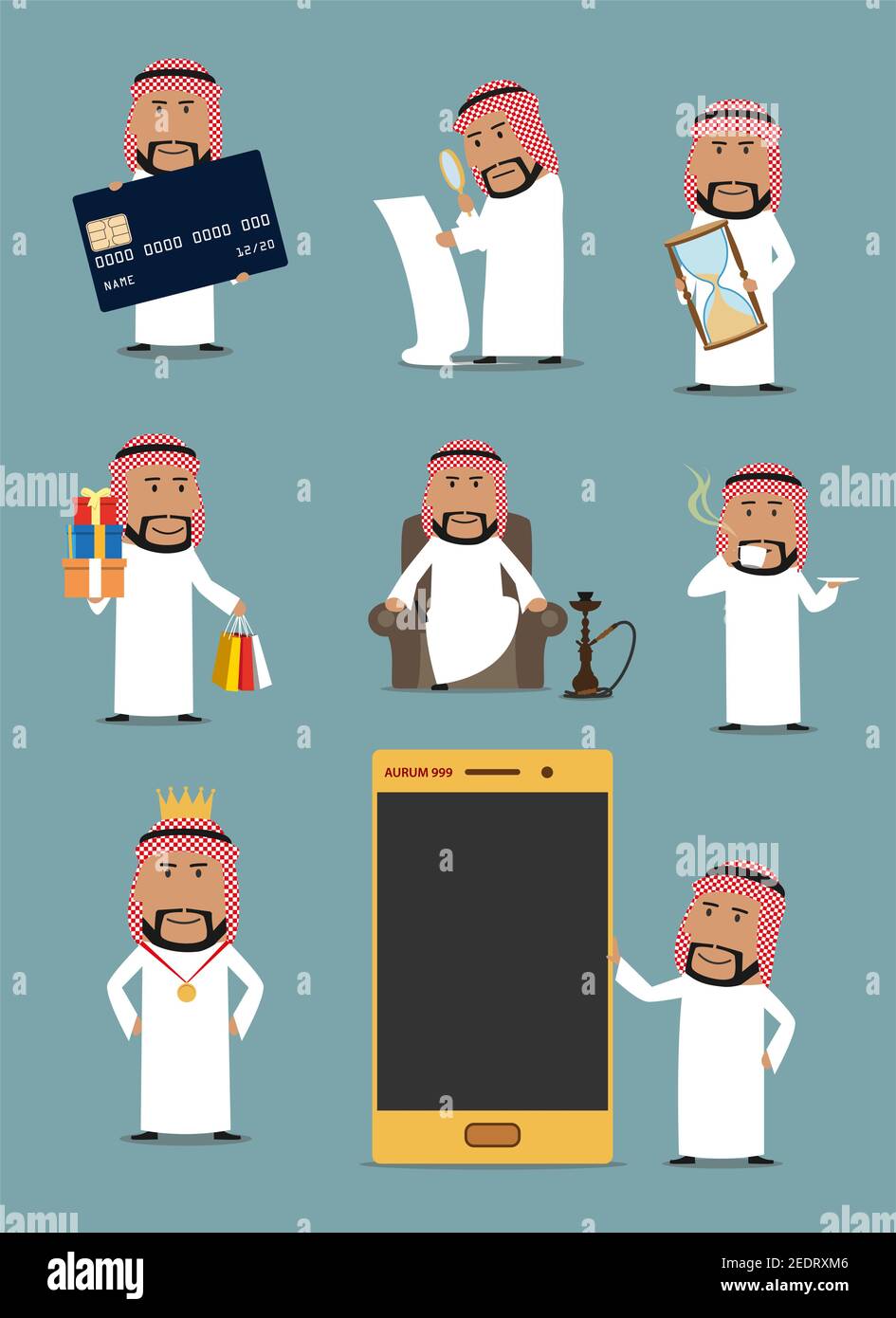 Rich arab businessman cartoon character set. Saudi arabian man standing ...