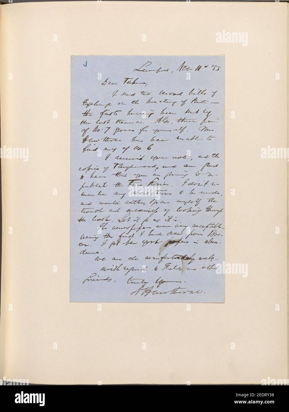 Ticknor, (William D.), ALS to. Nov. 11, 1853 Stock Photo - Alamy