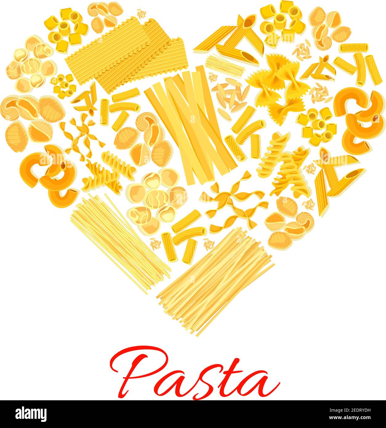 Pasta heart symbol of macaroni and spaghetti. Italian cuisine poster of ...