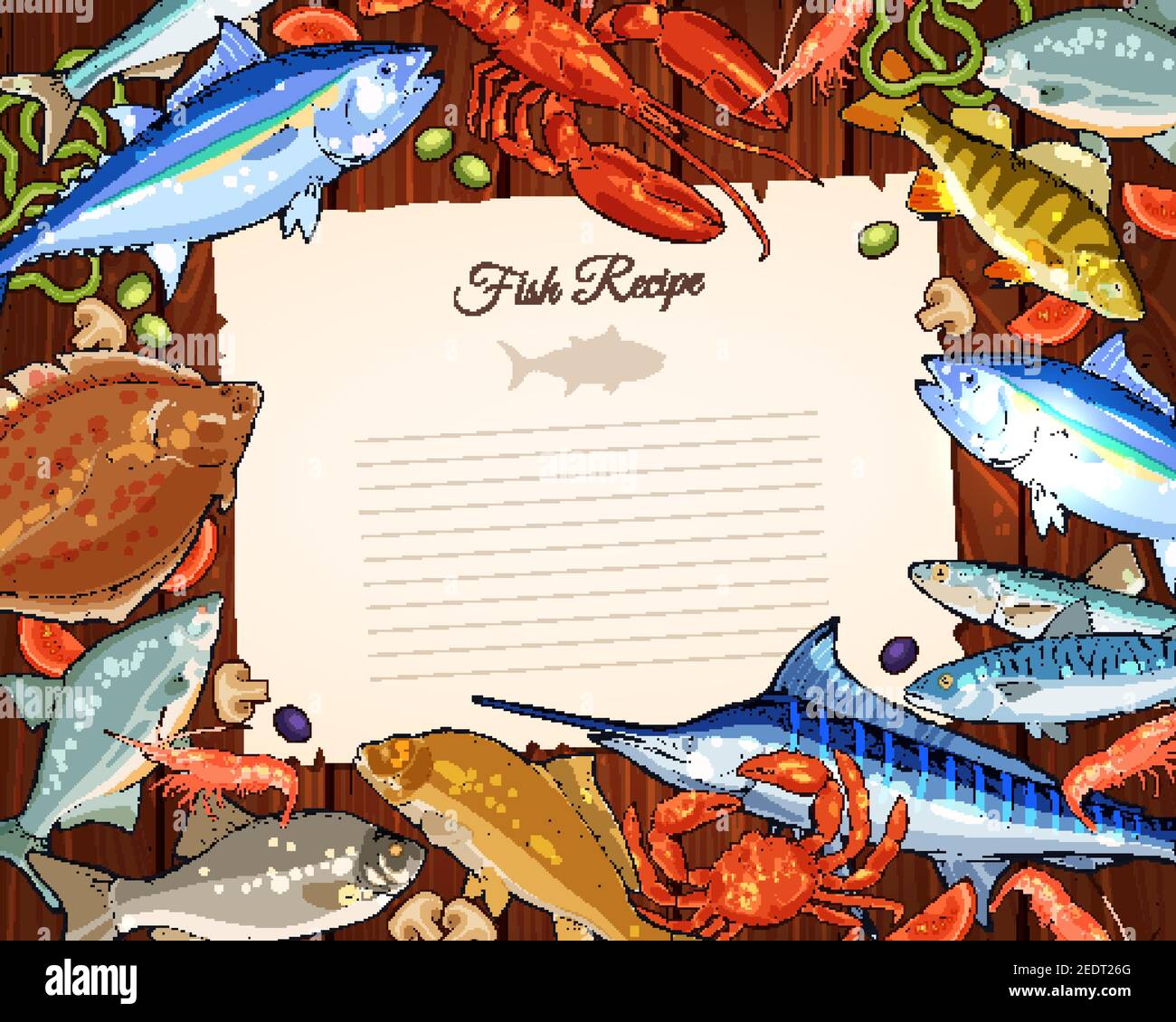Fish cooking recipe blank paper sheet or message board frame. Vector ...