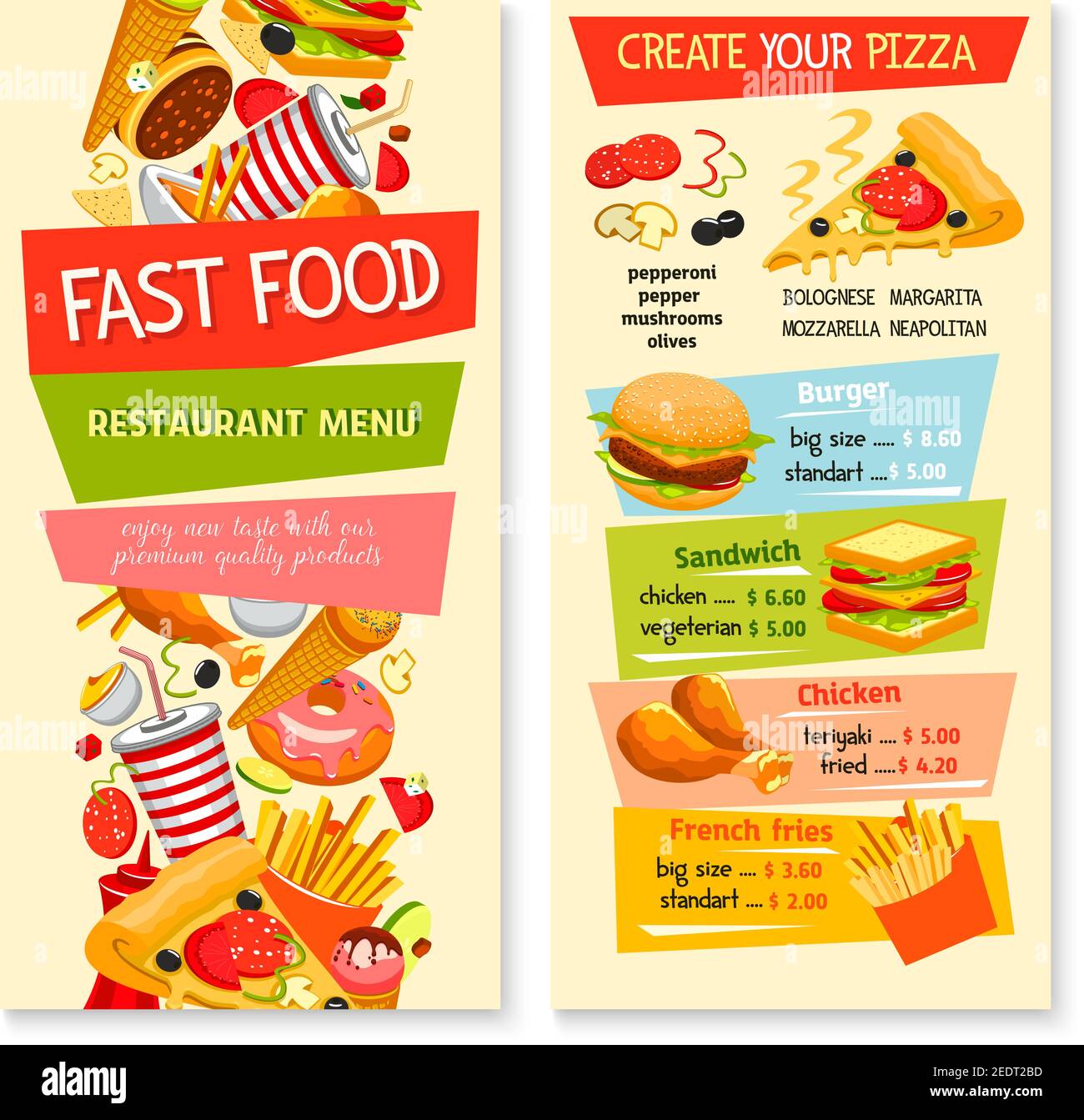 Fast food restaurant menu. Price for fastfood sandwiches or burgers ...