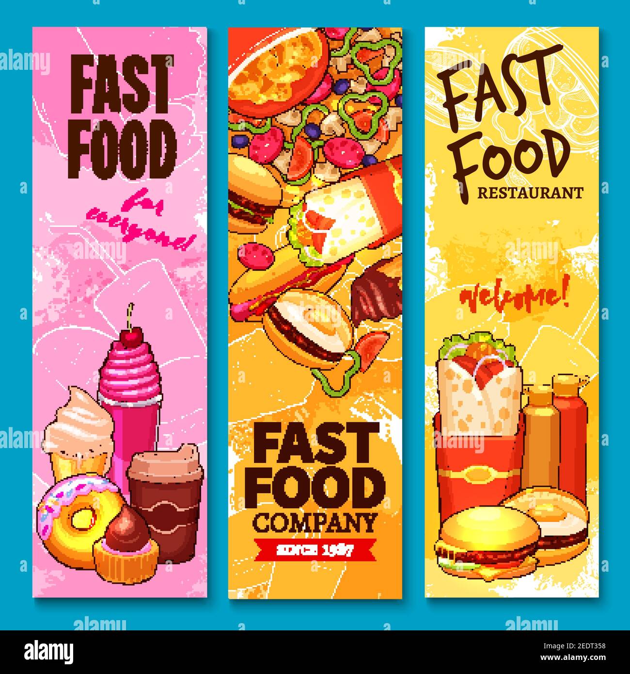 Fast food sketch welcome banners or menu. Vector burgers sandwiches ...