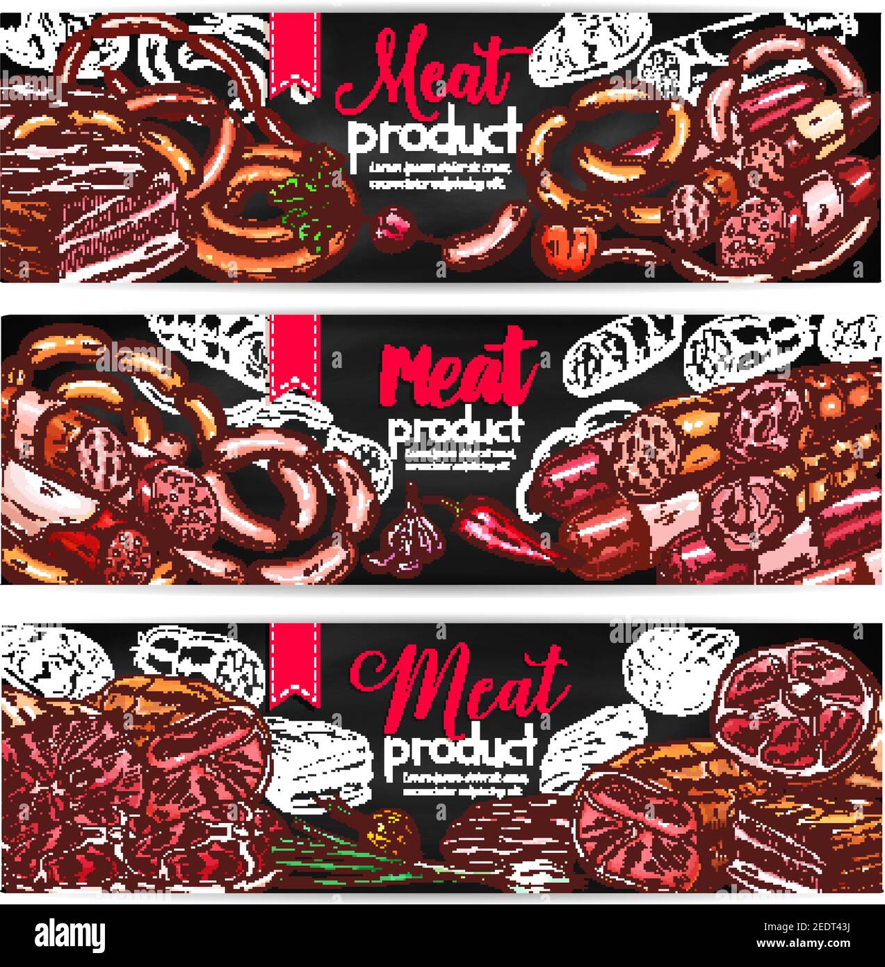 Meat product menu blackboard banner set. Beef and pork sausage, ham ...