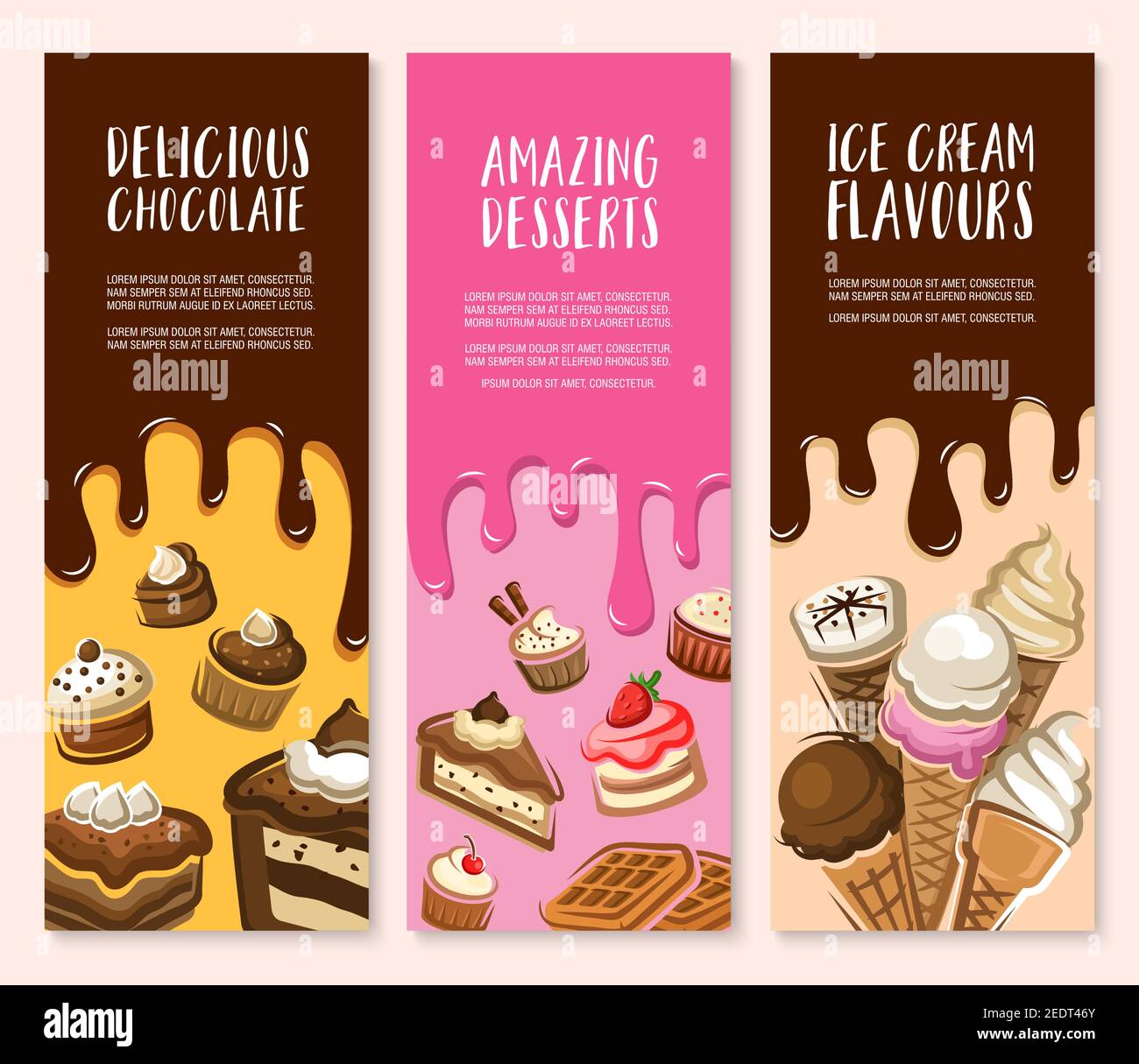 Dessert, ice cream and chocolate pastry banner set. Cake, cupcake ...