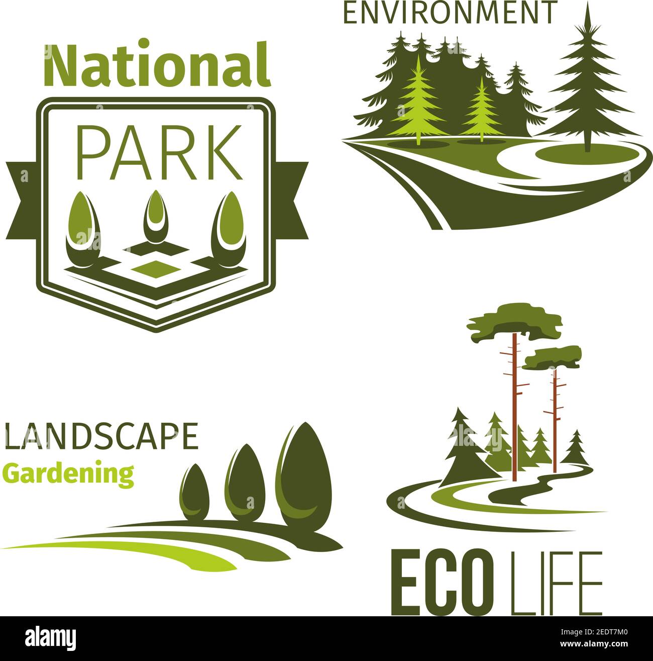 Landscape design and eco park symbol set. Green tree, grass lawn and ...