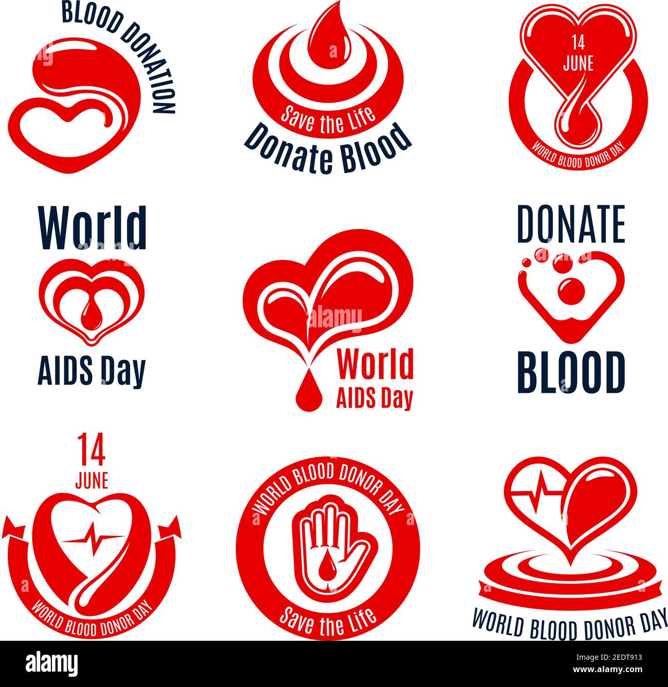 Blood donation icon set. Red heart with drop of blood and heartbeat ...