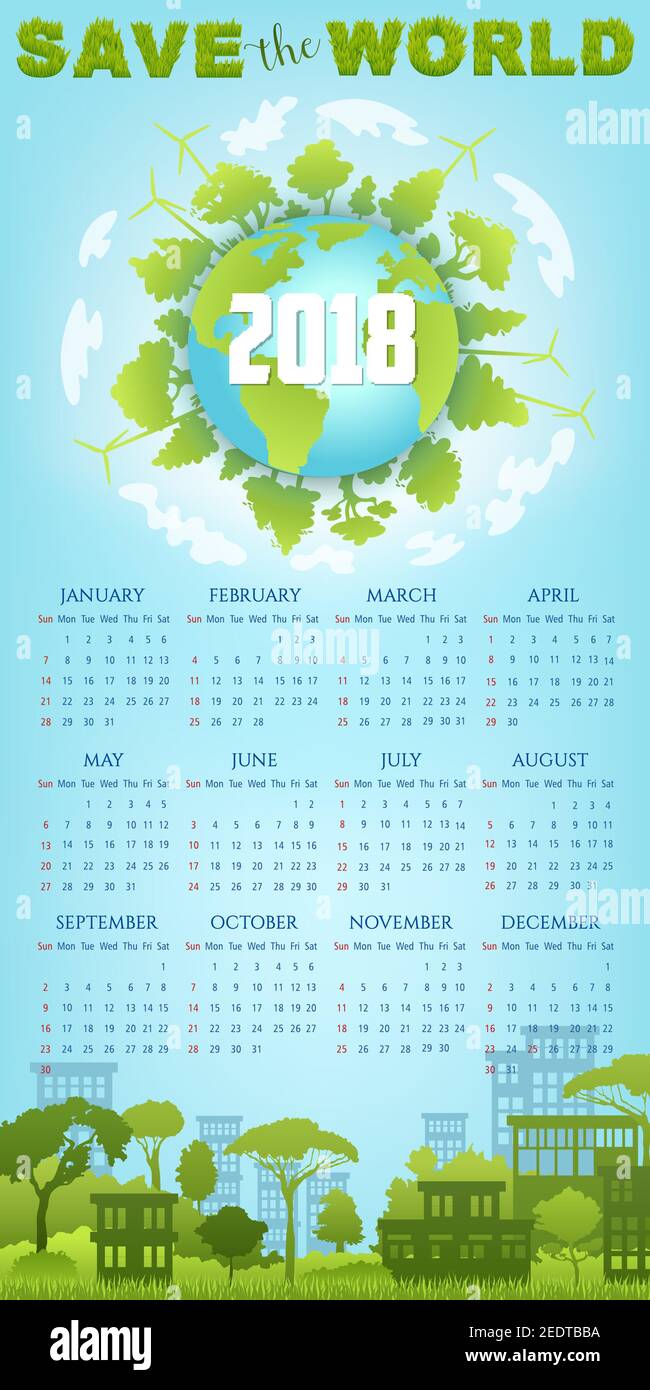 Ecology calendar template with eco green earth planet. Save the world ...
