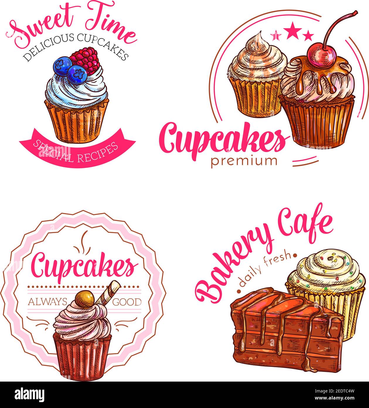 Cakes and cupcakes desserts vector bakery icons set of pastry ...