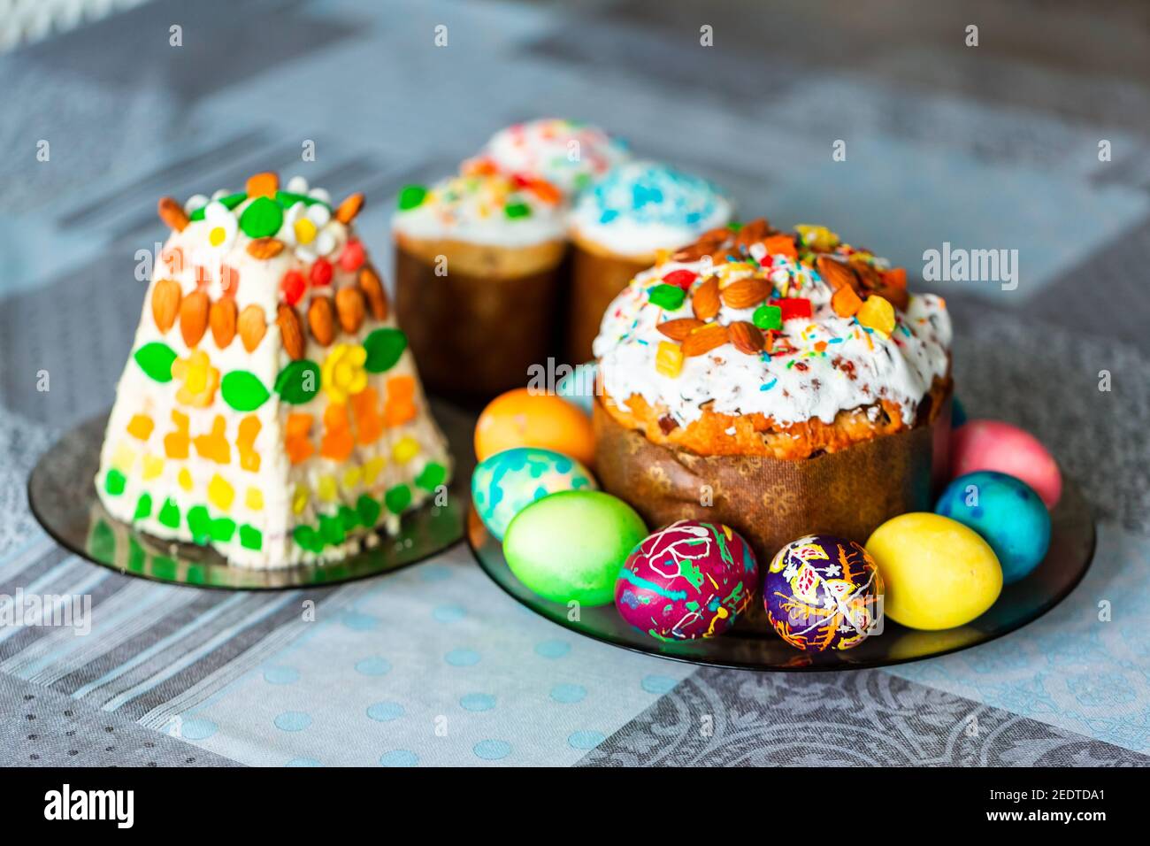 Traditional Easter holiday table served with homemade Easter cake and ...