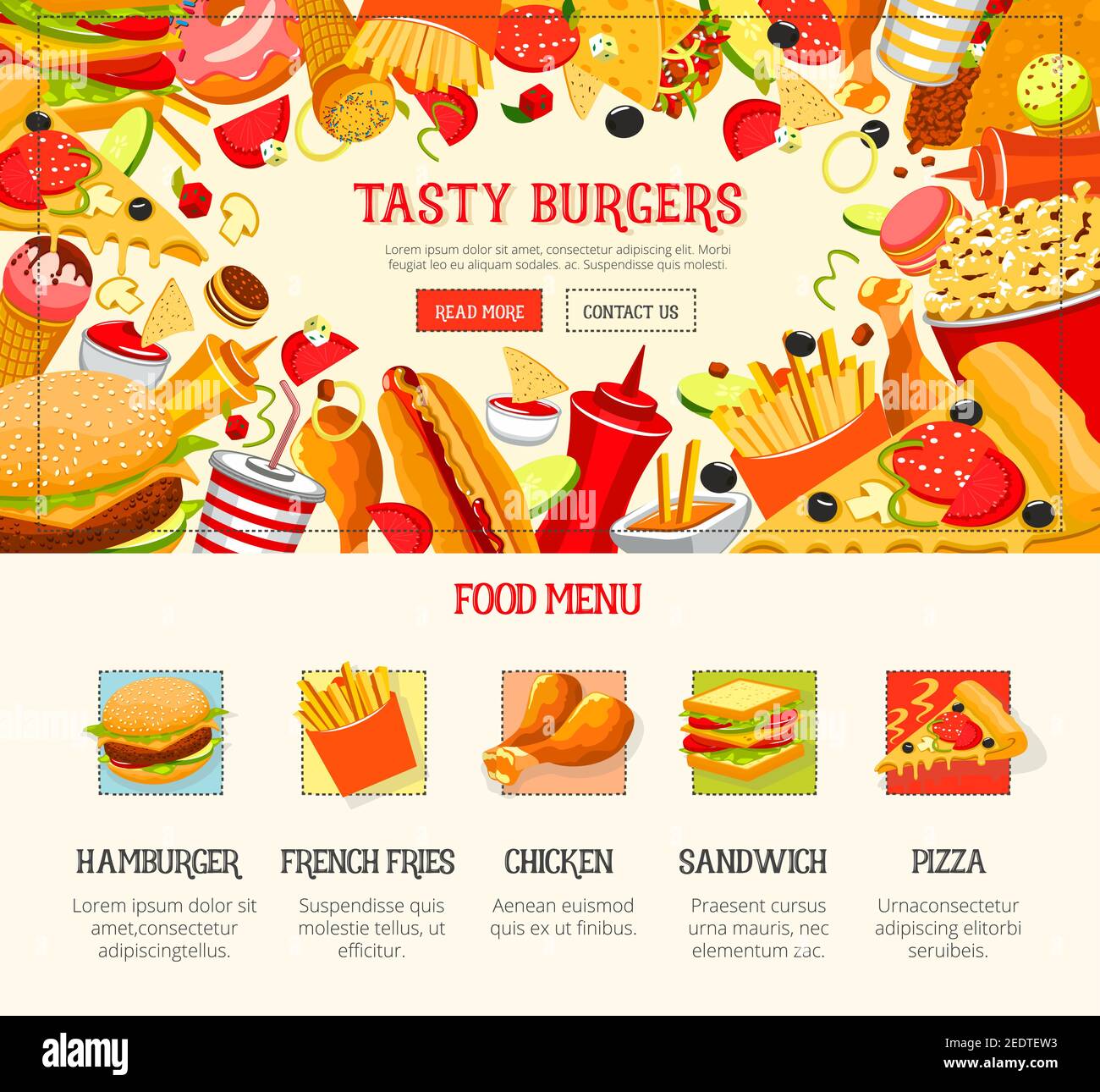 Fast food restaurant menu template. Burger, hamburger, pizza, hot dog ...