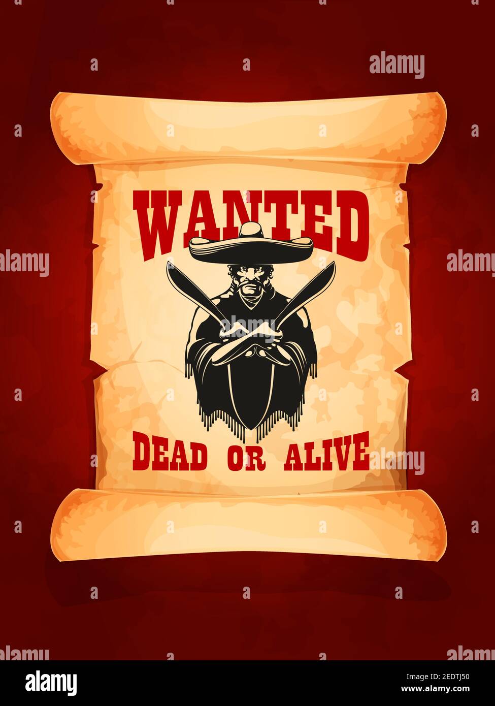 Wanted poster of mexican robber or bandit. Old paper scroll with ...