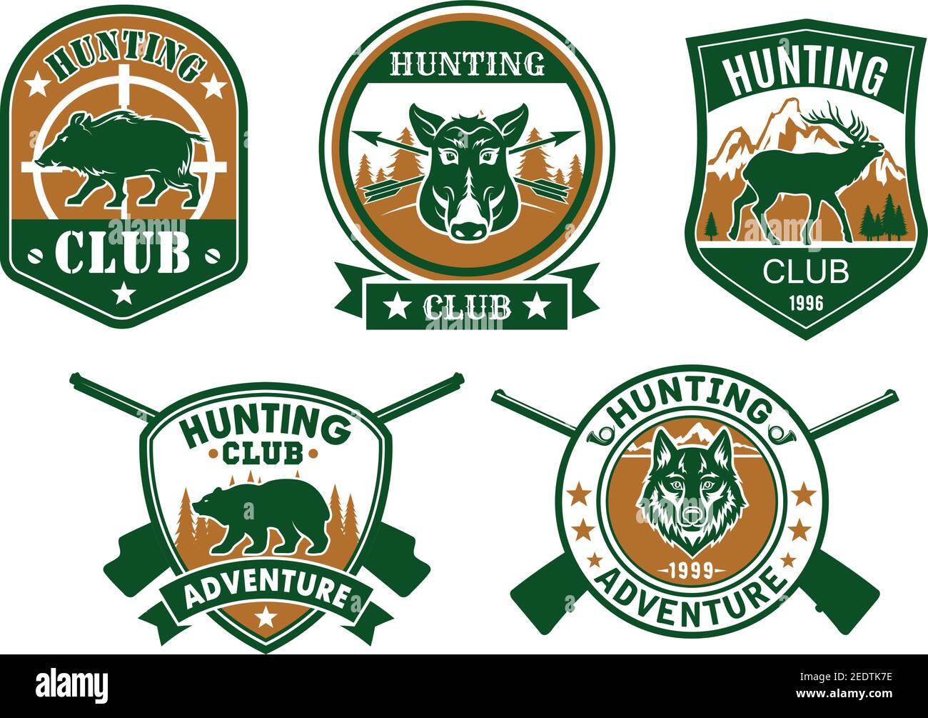 Hunting club sporting badge set. Wild boar, deer, bear, wolf, elk and ...