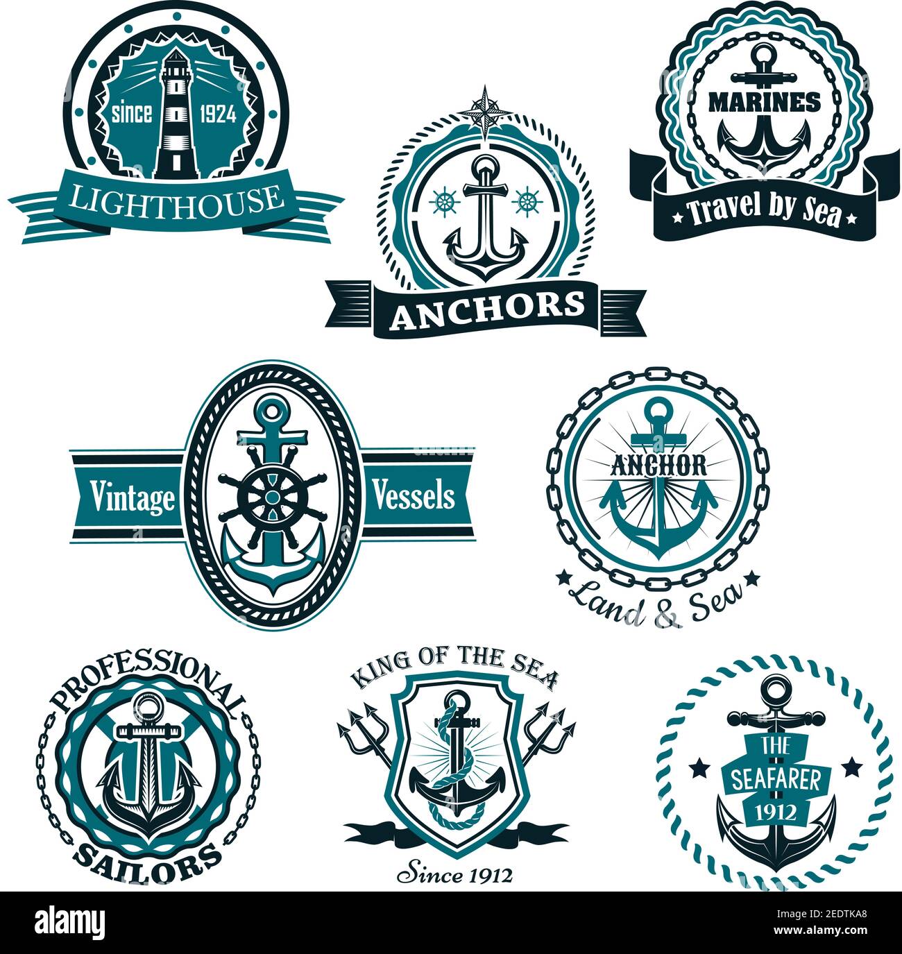 Nautical heraldic or marine vector icons. Emblems and heraldry badges ...