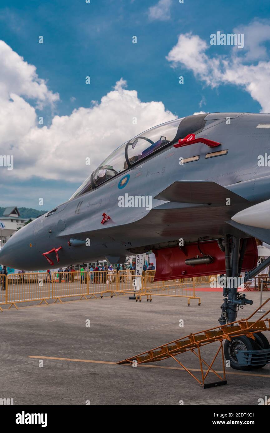 Cockpit of a powerful gray-colored military fighter jet against the ...