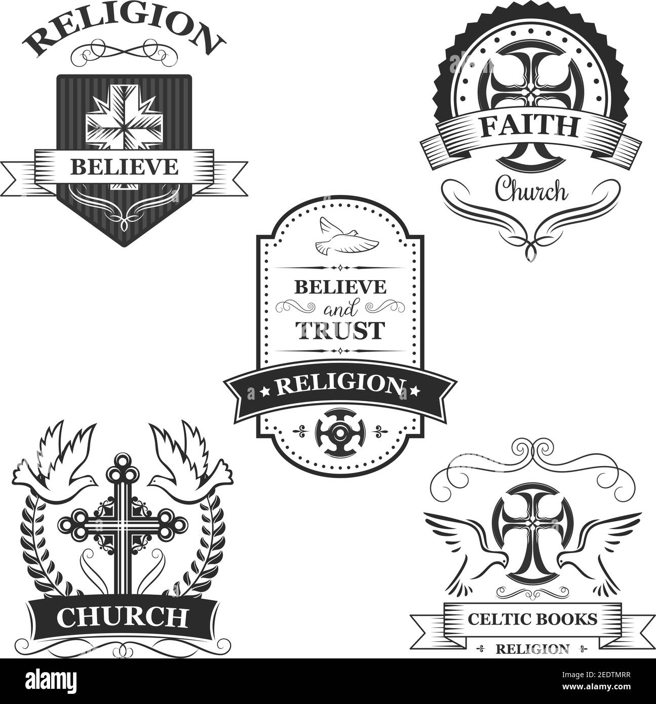 Church sign set. Christian religion symbol of cross on heraldic shield ...