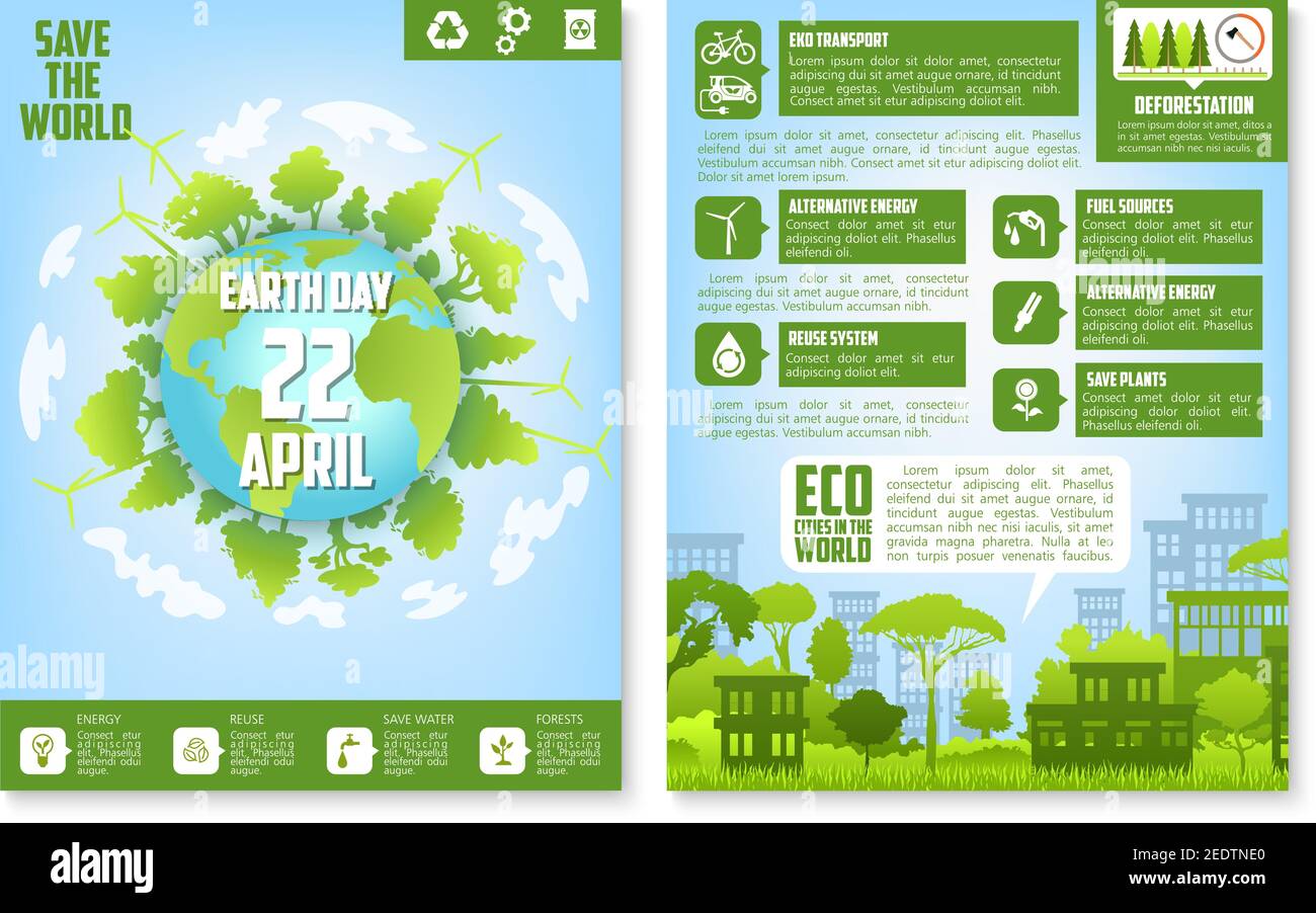 Earth Day brochure template. Eco city streetscape and globe with green ...