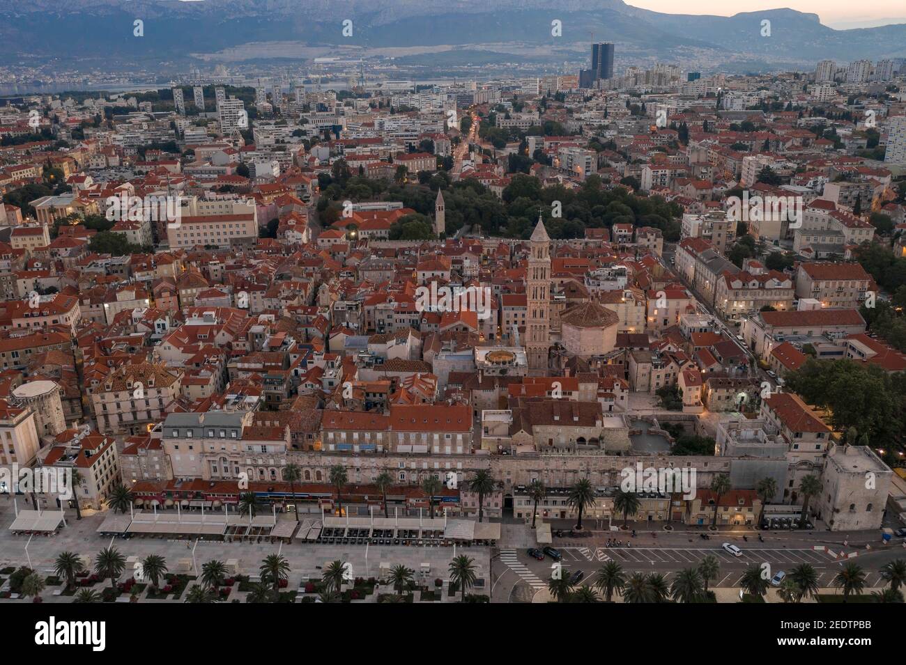 Aerial drone shot of Diocletian Palace in old town split empty riva ...