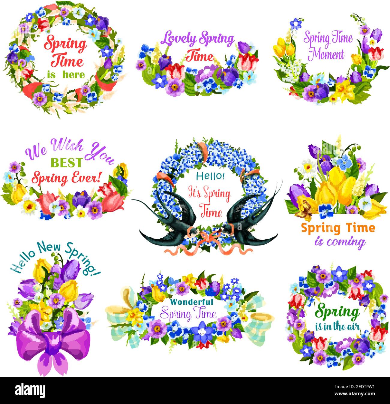 Hello spring floral frame and border icon set. Spring flower wreath of ...