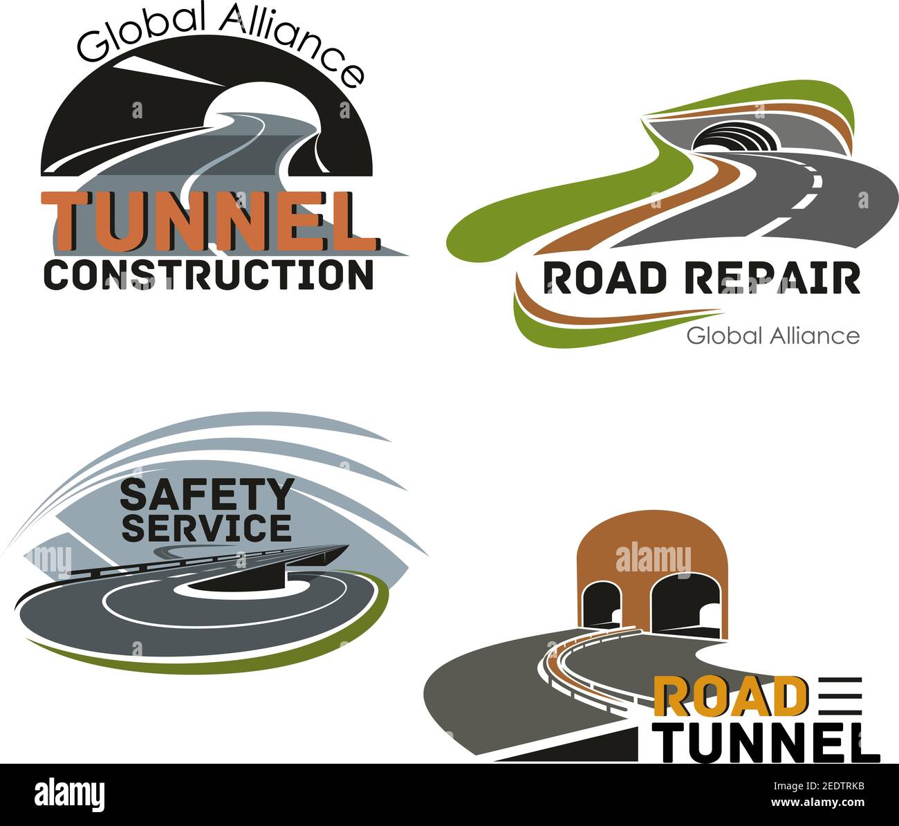 Road tunnel construction and repair icon set. Highway intersection ...