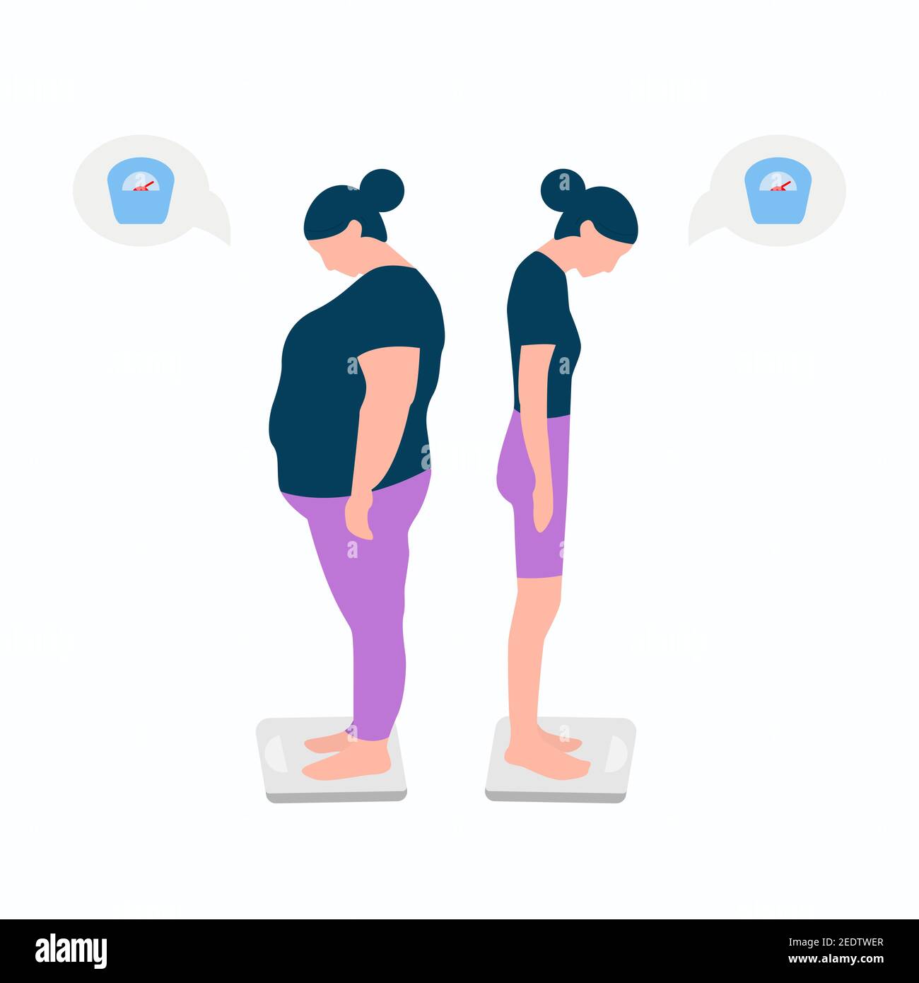 Vector Illustration of a girl showing the weight before and after. A ...