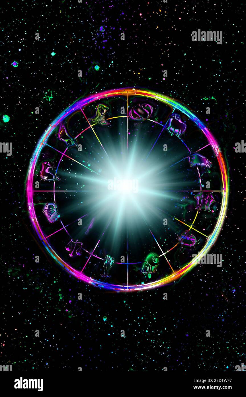 astrology wheel with all signs of the zodiac in neon colors Stock Photo ...