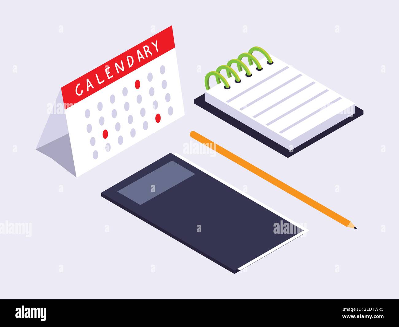 office workspace notebook calendar notepad and pencil vector ...