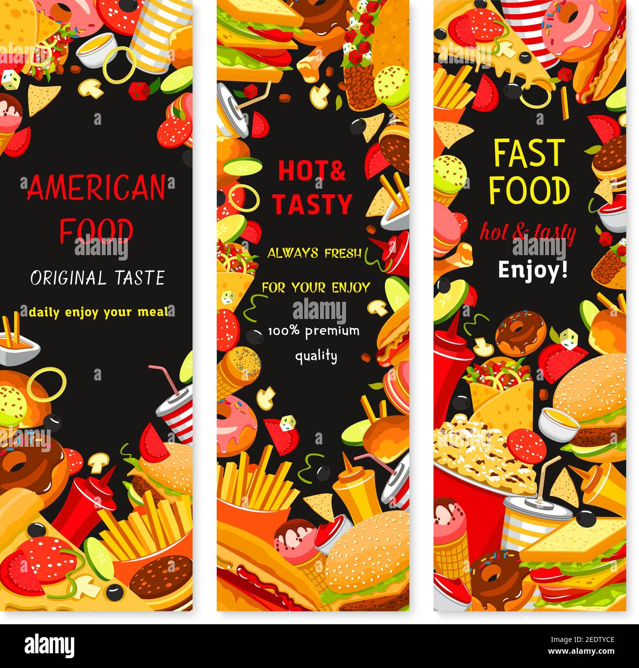 Fast food restaurant banners of burgers and hamburgers, hot dog ...