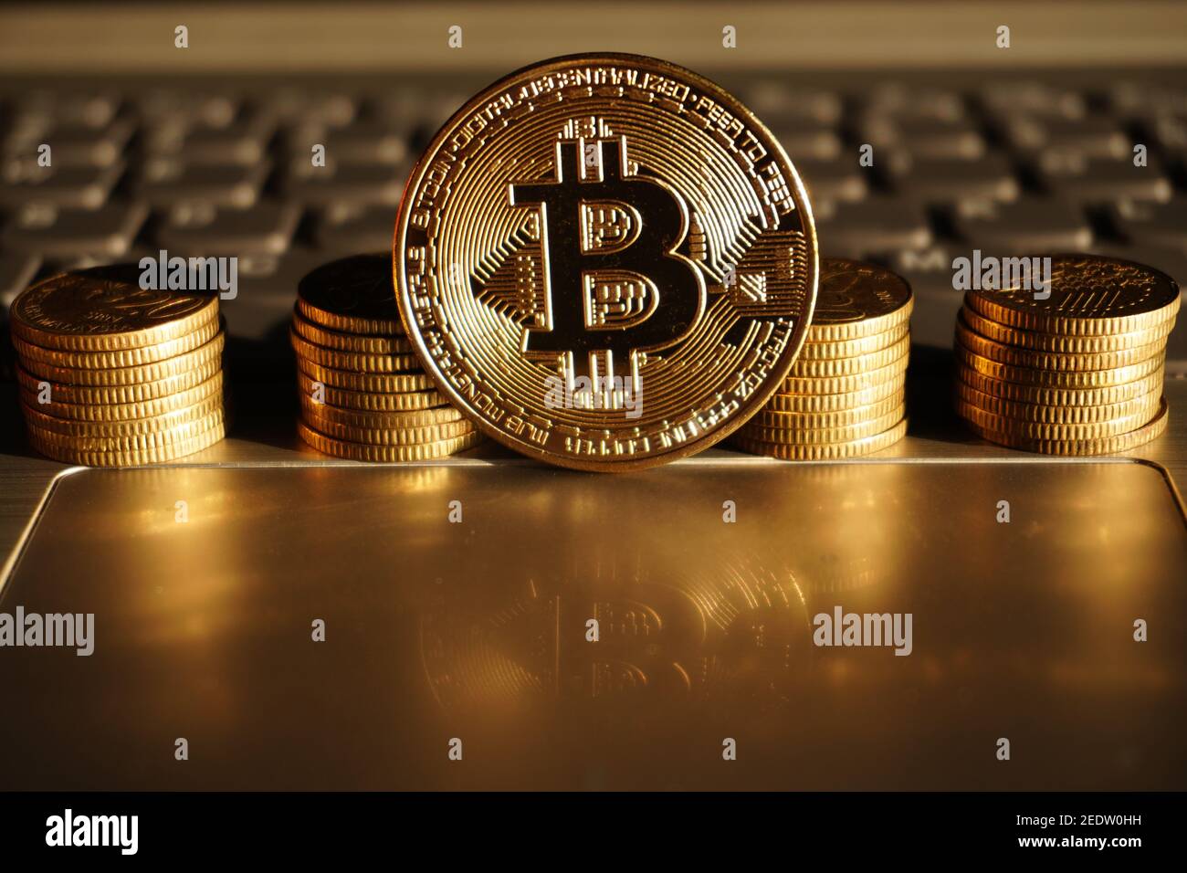 Bit coin crypto currency on computer background. Digital currency ...