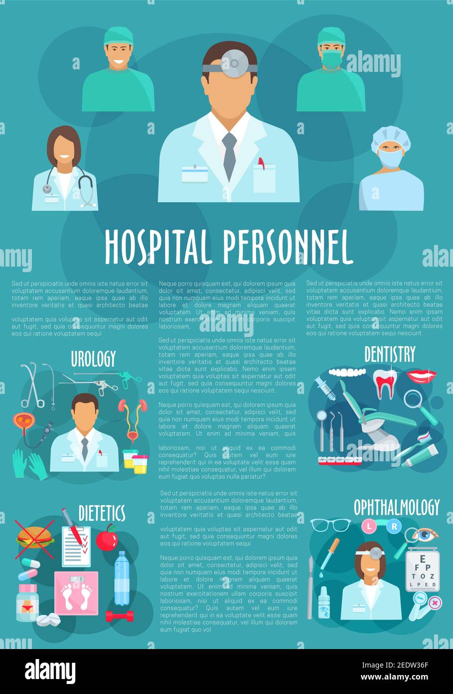Dentistry and ophthalmology medical personnel vector poster. Doctors of ...