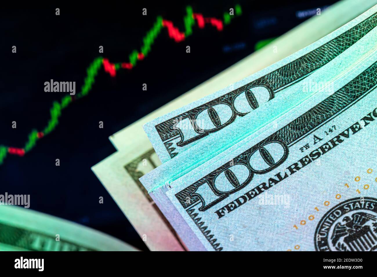 Dollars in front of a monitor with a price chart. Forex and trading ...