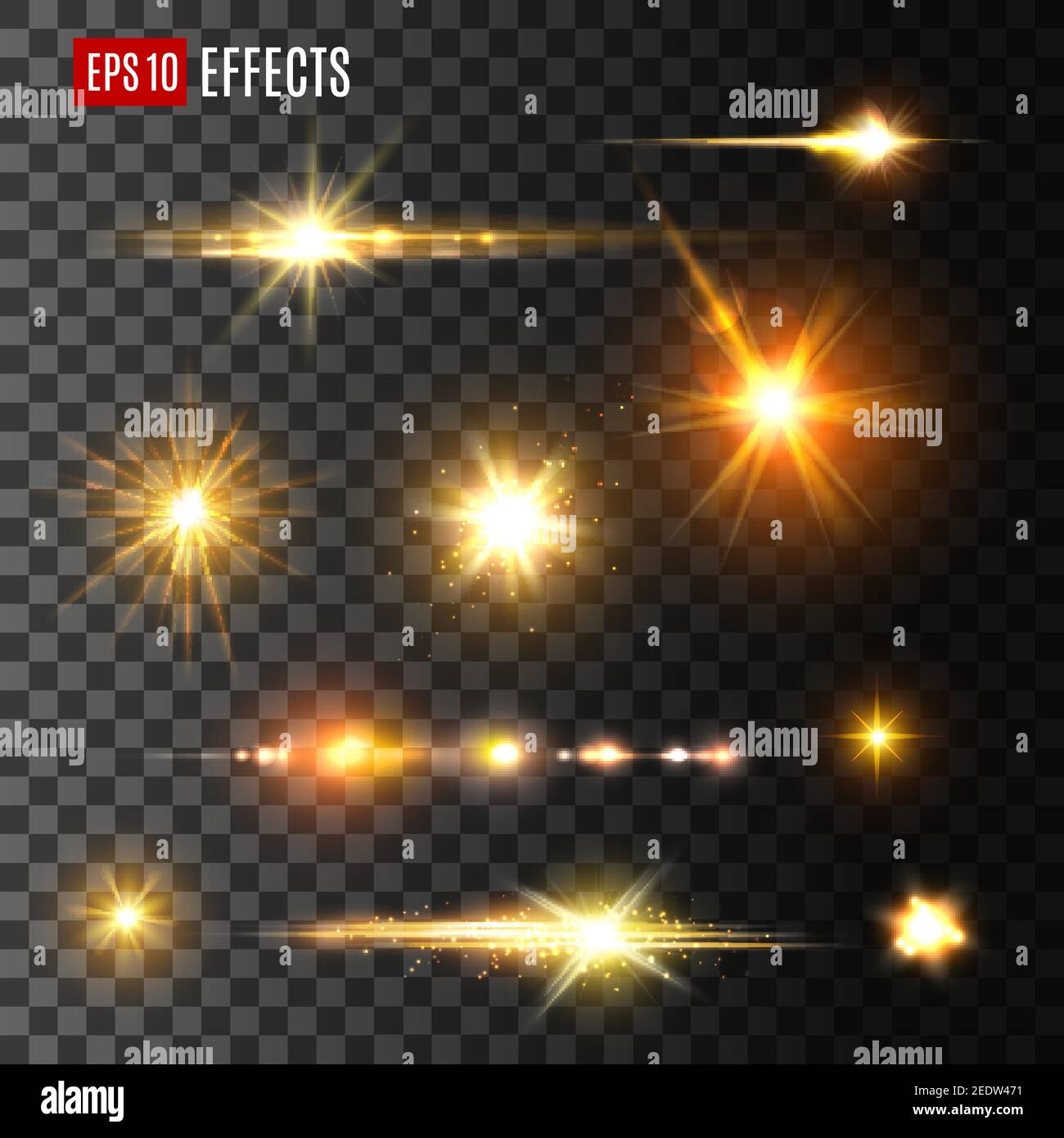 Stars and gold flashes light effects on transparent background. Vector icons of luminous ...